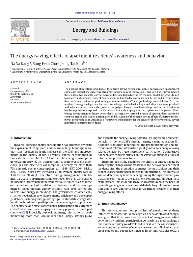 The Energysaving Effects of Apartment Residents' Awareness and Behavior ...