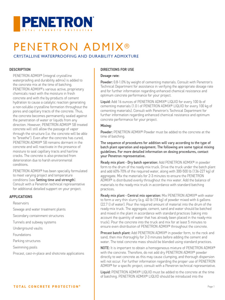 Penetron Admix Data Sheet | PDF | Concrete | Water