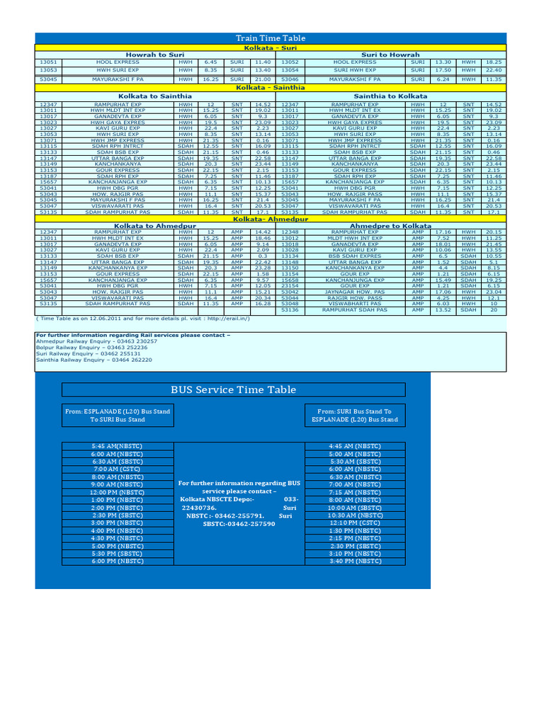 Train Bus Time Table-Suri Howrah | PDF