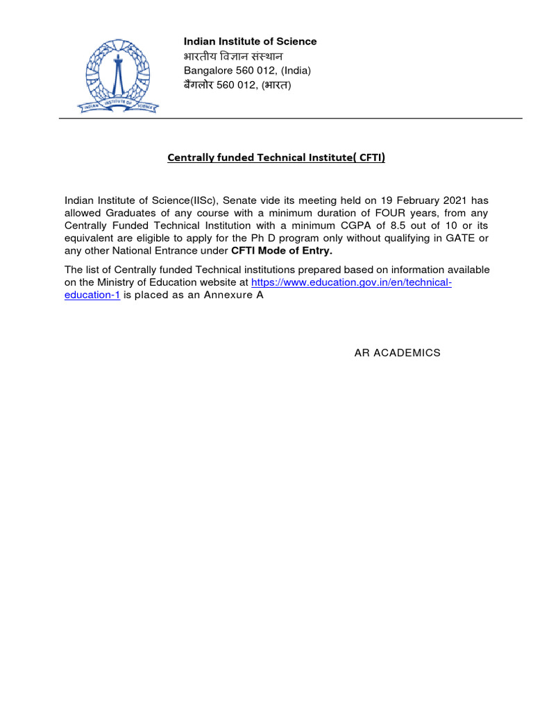 CFTI-announcement | PDF | Academic Institutions | Government Of India