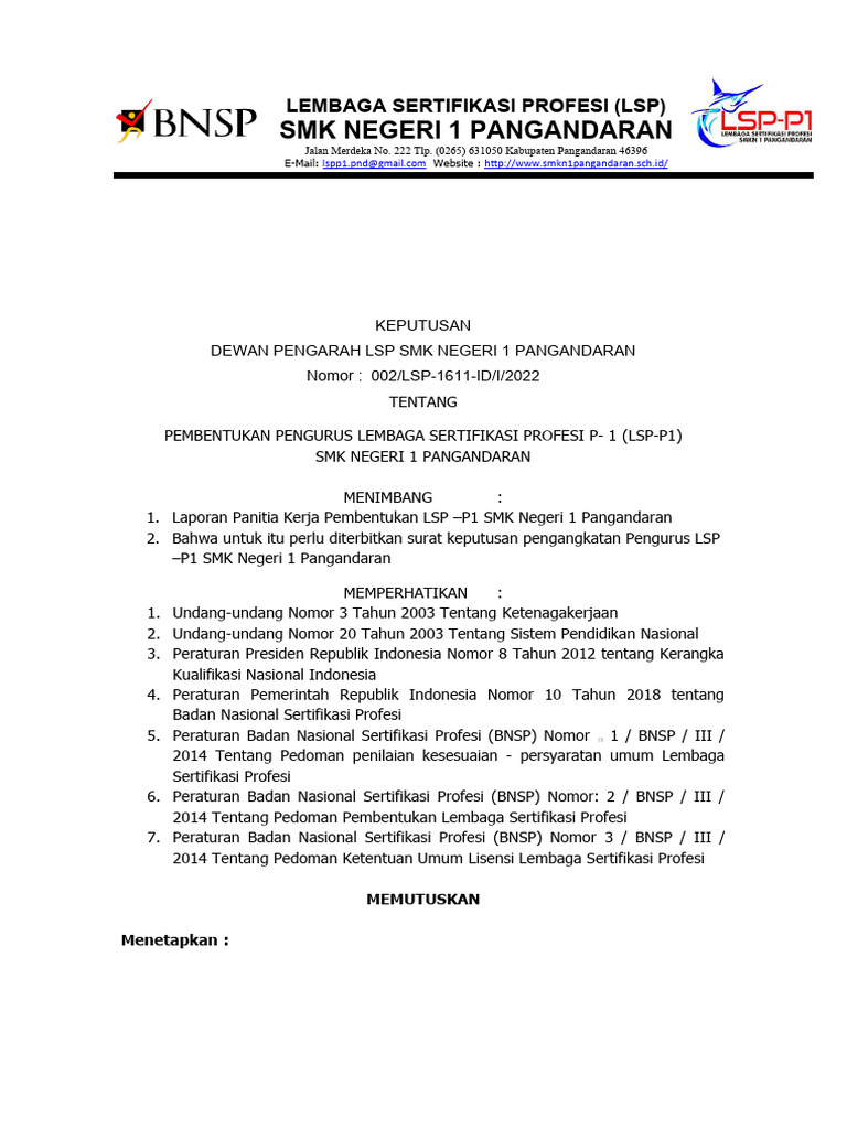 Surat Keputusan Susunan Pengurus LSP Oleh Dewan Pengarah 2024 | PDF