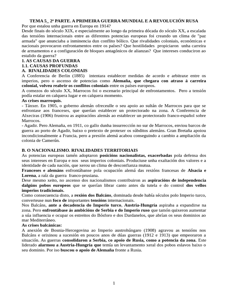 Tema 5. 2 Parte. I GM e Revolución Rusa (Incĺúe Táboas Resumo Ao Final) | PDF