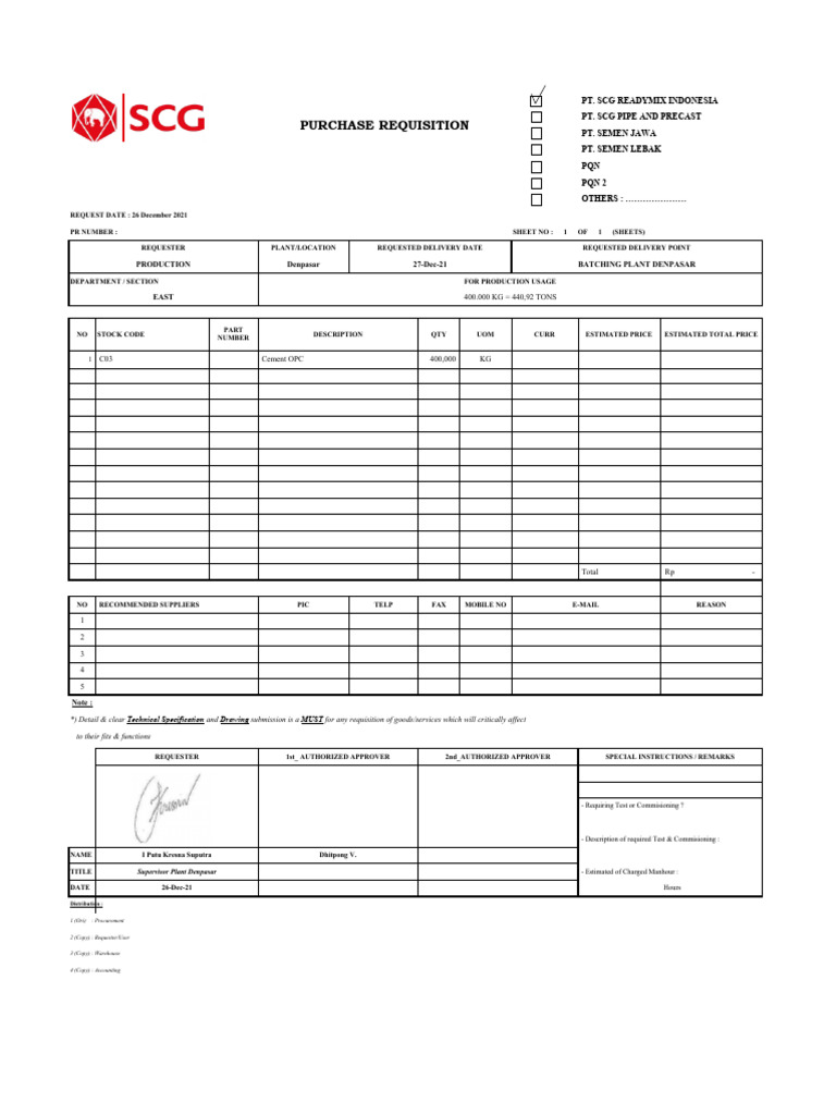 Cement Purchase Requisition Form | PDF