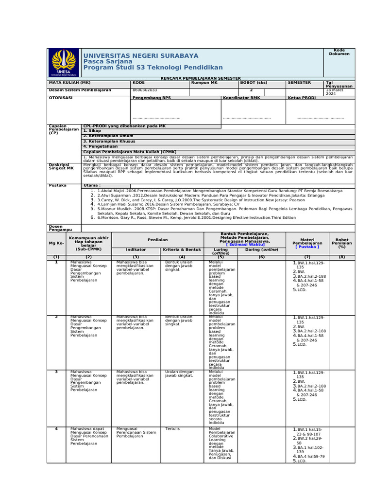 RPS Desain Sistem Pembelajaran | PDF