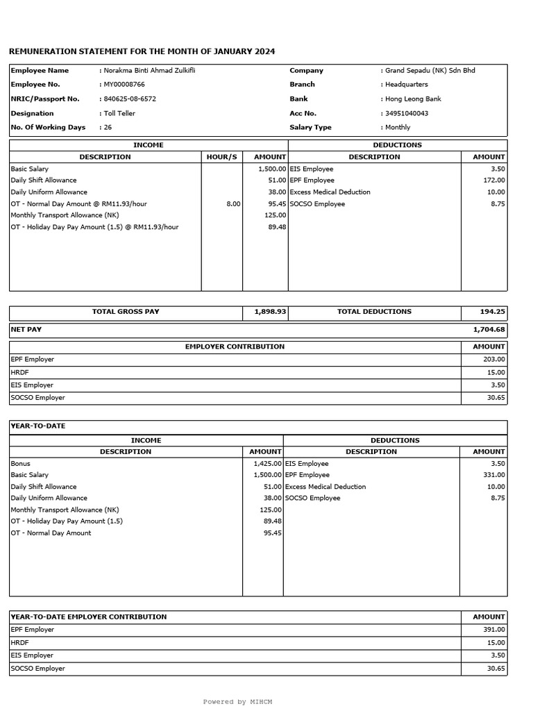 Remuneration Statement For The Month of January 2024: Powered by MIHCM ...