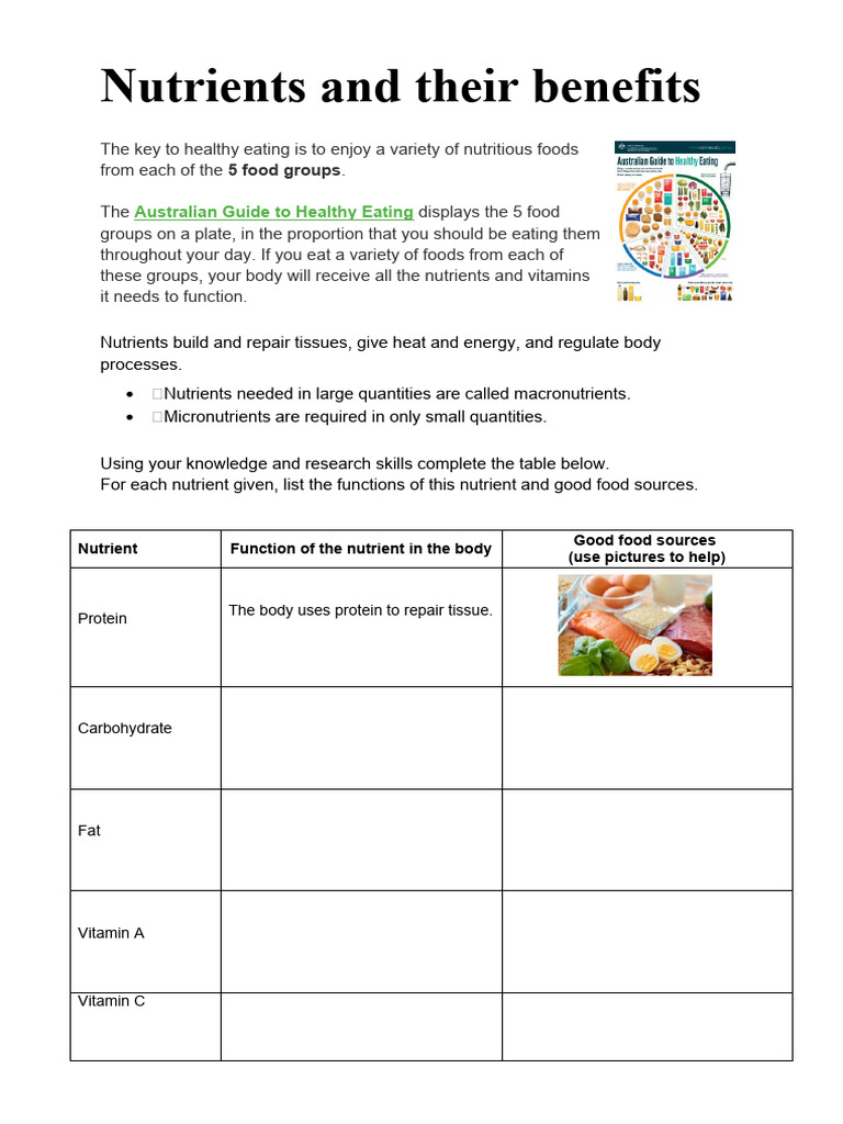 Nutrients Worksheet | PDF | Wellness | Science & Mathematics