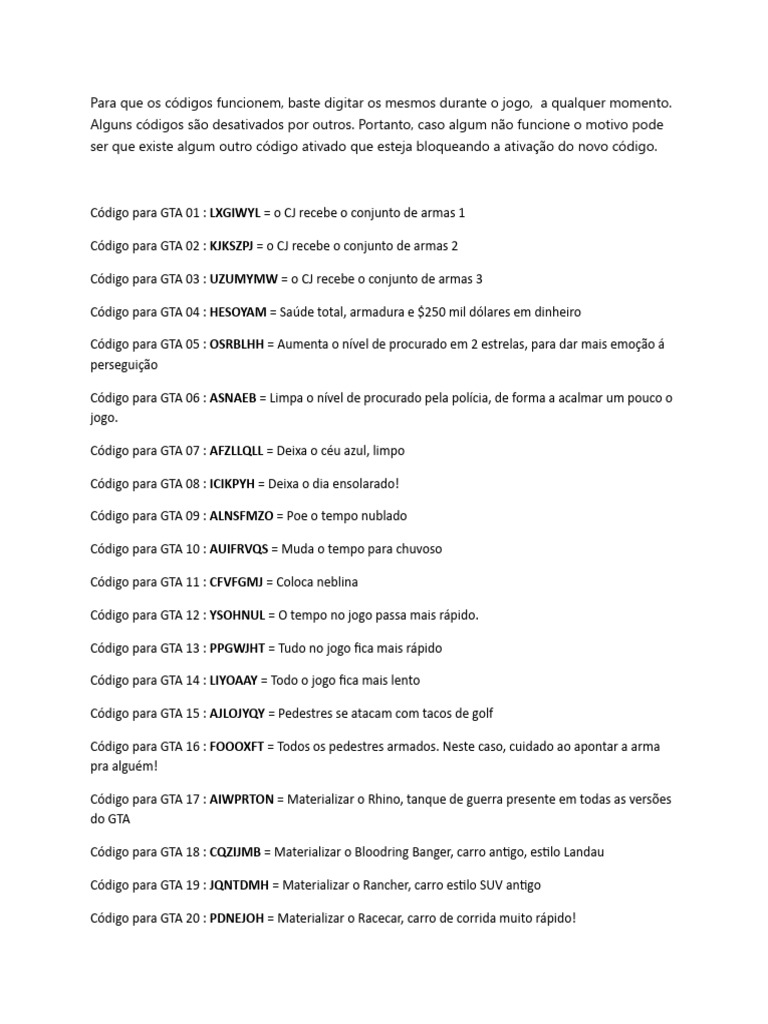 Codigos de Gta San Andreas | PDF | Veículo motorizado | Transporte
