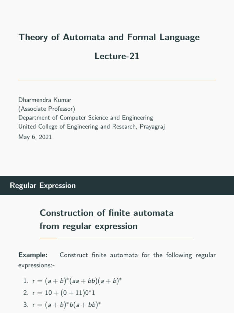 Lecture 21 | PDF | Regular Expression | Syntax Lecture 21 | PDF | Regular Expression | Syntax