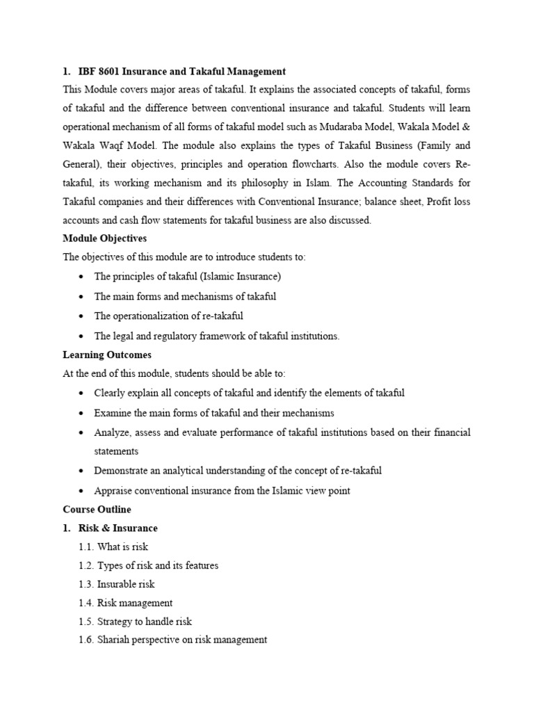 Course Outline IBF 8601 Insurance and Takaful Management | PDF
