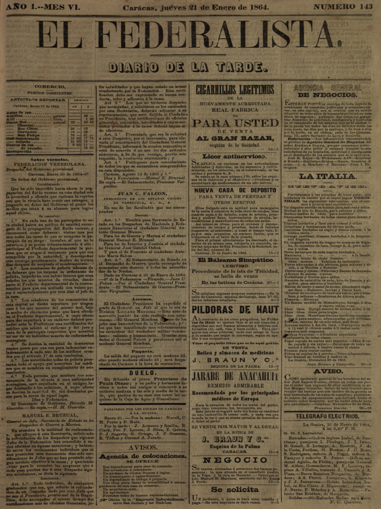 Diario El Federalista. 1864. Gabinete de Falcón | PDF