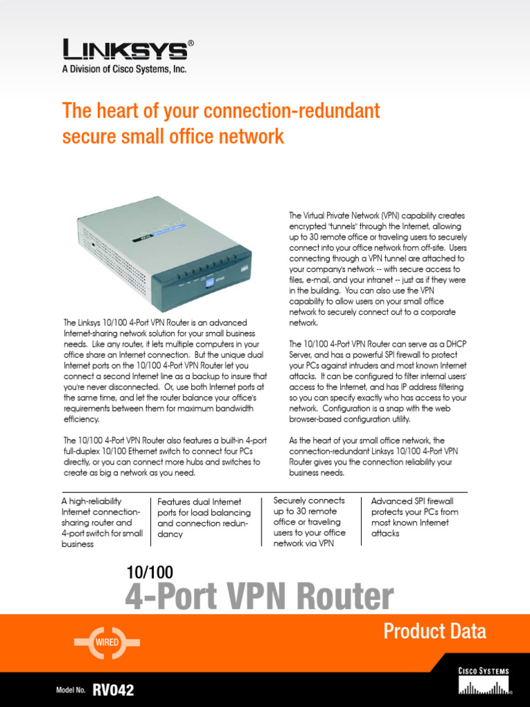 Datasheet Linksys Router RV042 | PDF | Computer Network | Virtual ...