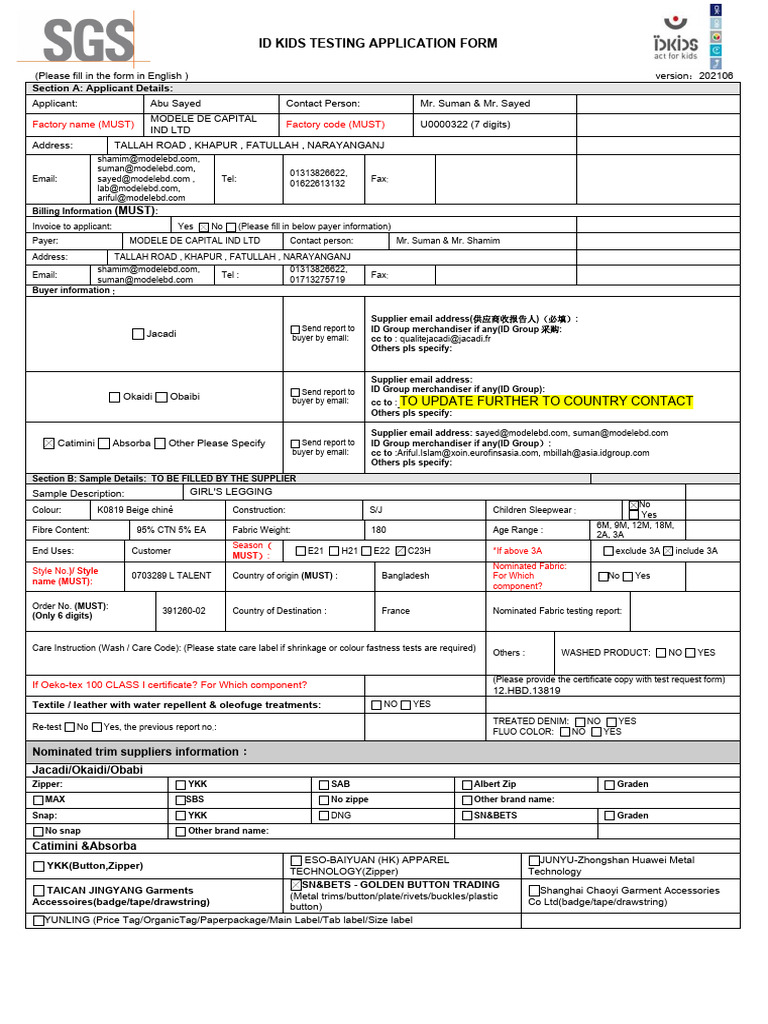 ID Kids Testing Application Form | PDF | Textiles | Clothing