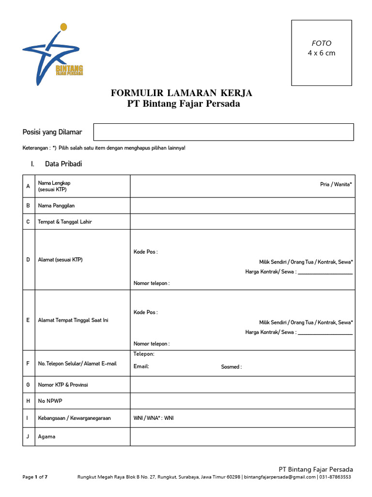 PT Bintang Fajar Persada Application Form REV | PDF