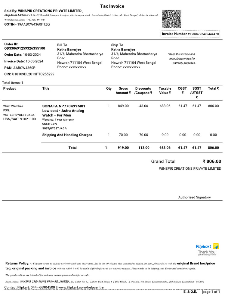 Invoice from Winspir Creations Pvt Ltd | PDF | Economies | Payments