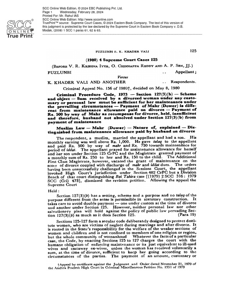 Fuzlunbi v. K. Khader Vali, (1980) 4 SCC 125-1 | PDF | Judiciaries | Justice