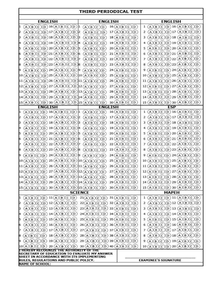 Answer Sheet Grade 3 | PDF