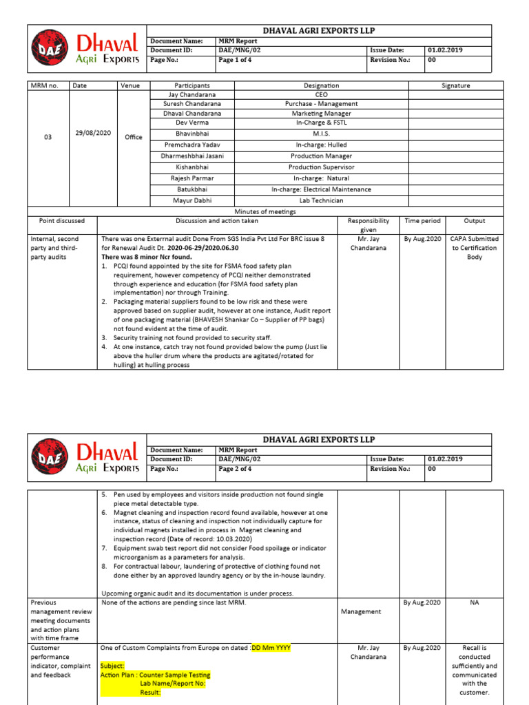 Dae-Mng-03 MRM Report 08.2020 | Download Free PDF | Food Safety ...