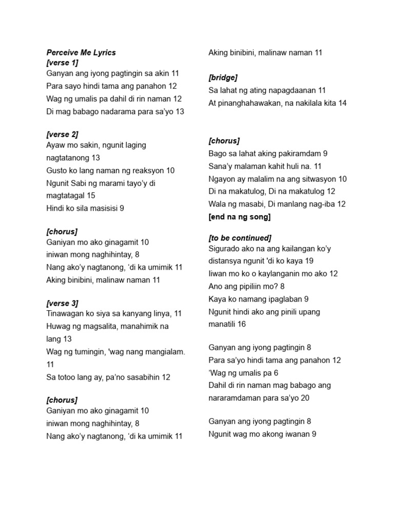 LYRICS-Perceive Me by Doma Cyno | PDF