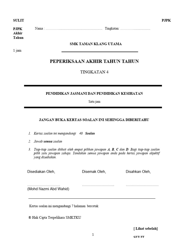 Pdfslide - Tips Kertas Peperiksaan Akhir Tahun PJPK Tingkatan 4 | PDF