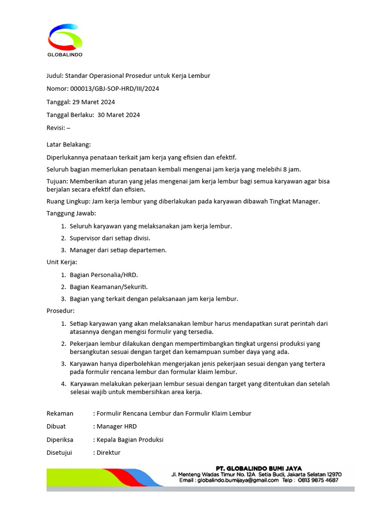 SOP LEMBUR | PDF