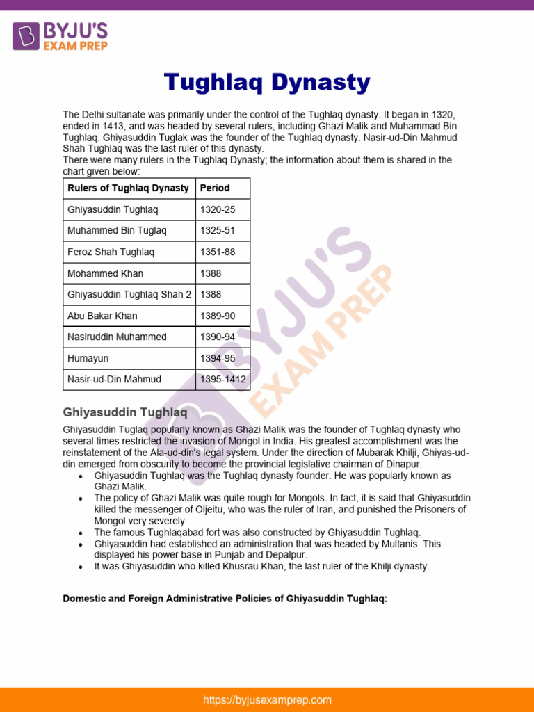 Tughlaq Dynasty Upsc Notes 34 | PDF | Politics | History