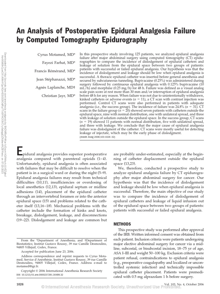 An Analysis of Postoperative Epidural Analgesia.43 | PDF | Ct Scan ...