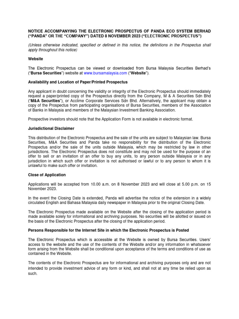 Panda Eco System Berhad - Prospectus Dated 8 November 2023 (Part 1 ...
