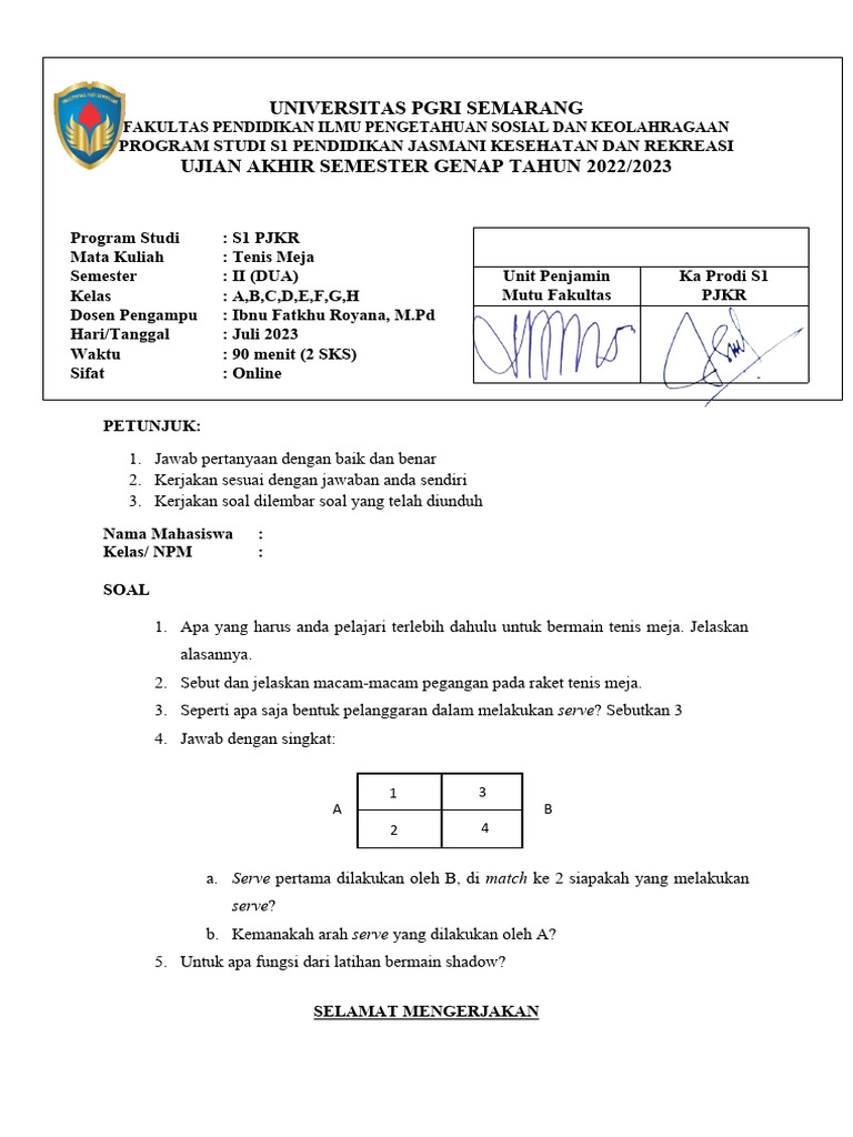 UAS Tenis Meja PJKR 2023 | PDF