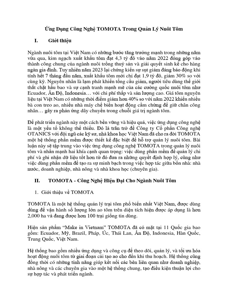 10. Ứng Dụng Công Nghệ TOMOTA Trong Quản Lý Nuôi Tôm (C.ty Tomota) | PDF