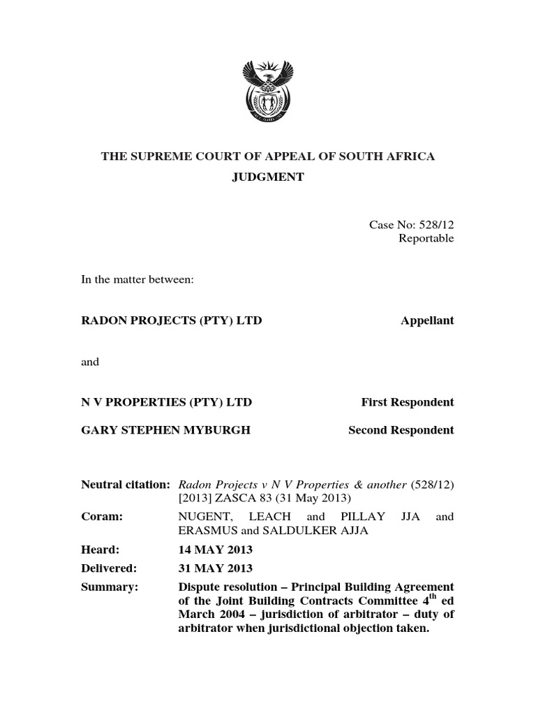 Radon Projects V N V Properties & Another (528-12) | Download Free PDF | Adjudication | Arbitration