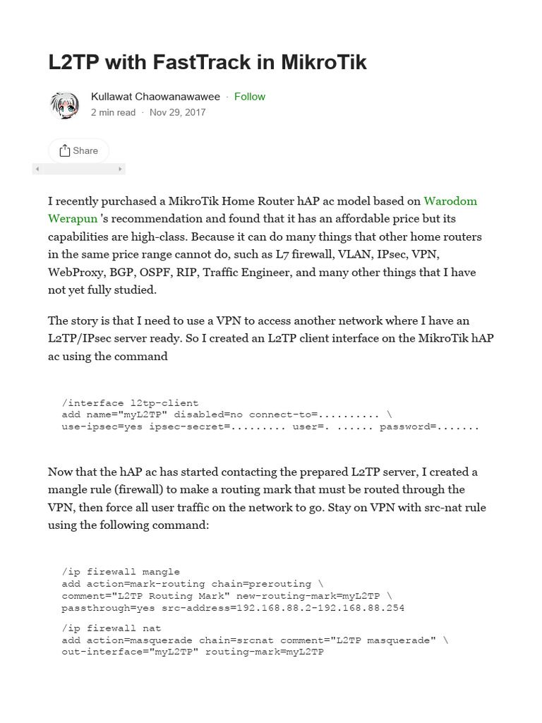 L2TP With FastTrack in MikroTik | PDF | Virtual Private Network | Router (Computing)