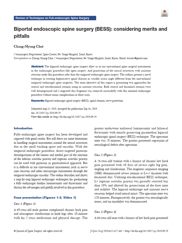 Biportal Endoscopic Spine Surgery (BESS) Considering Merits and | PDF ...