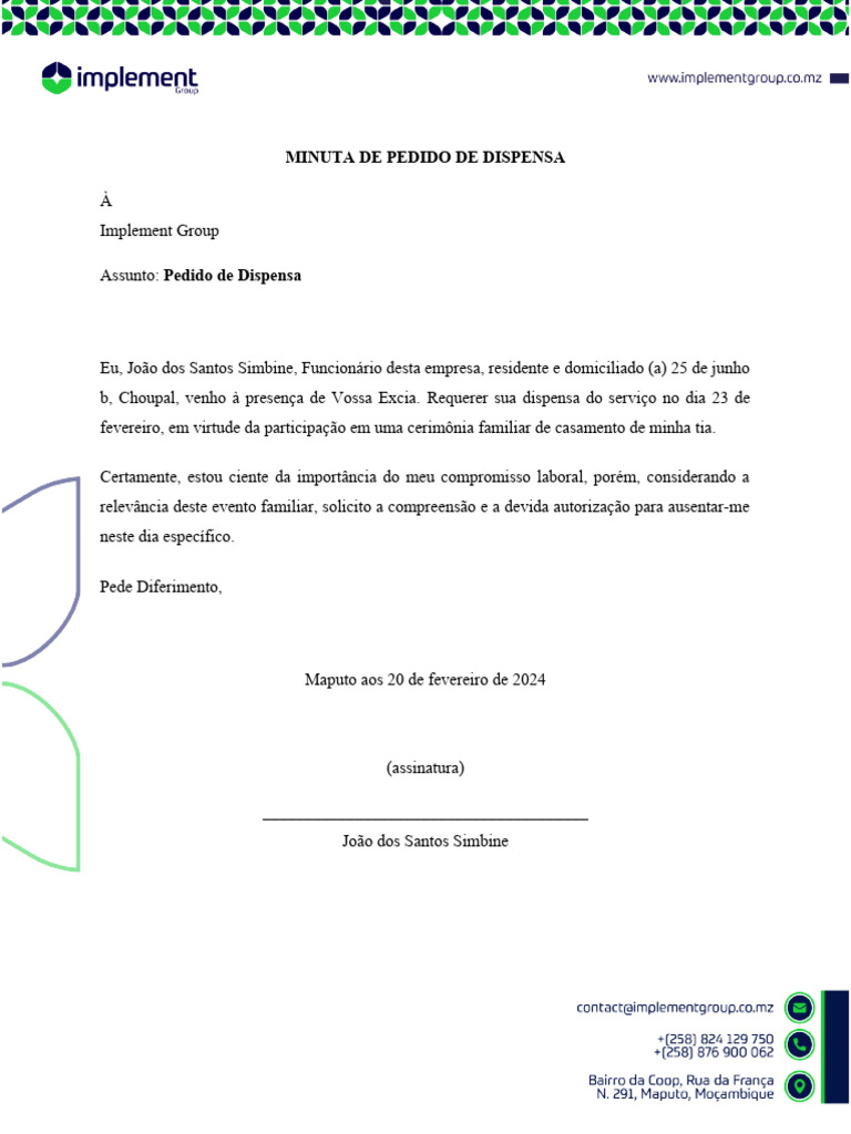 MINUTA DE PEDIDO DE DISPENSA - Implement Group | PDF