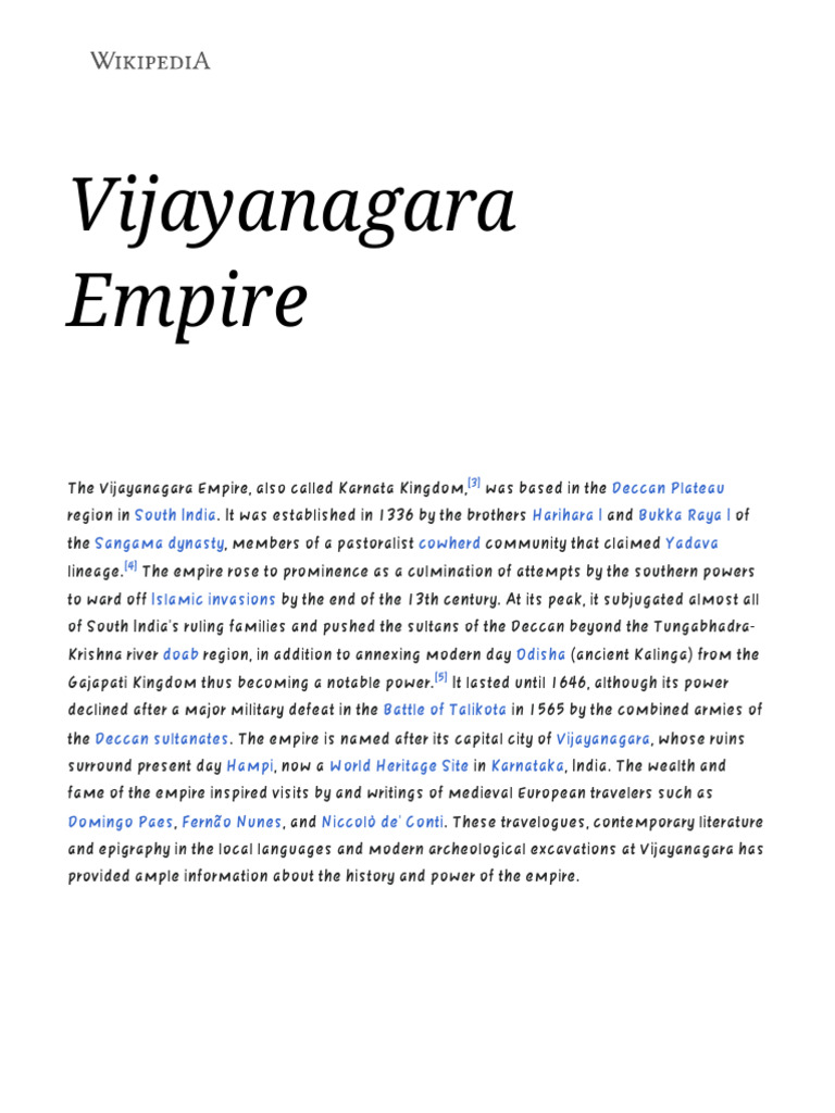 Vijayanagara Empire: 1336-1646 Overview | PDF