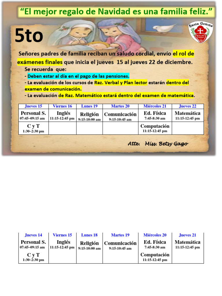 Rol de Examenes Finales 5to Primaria | PDF