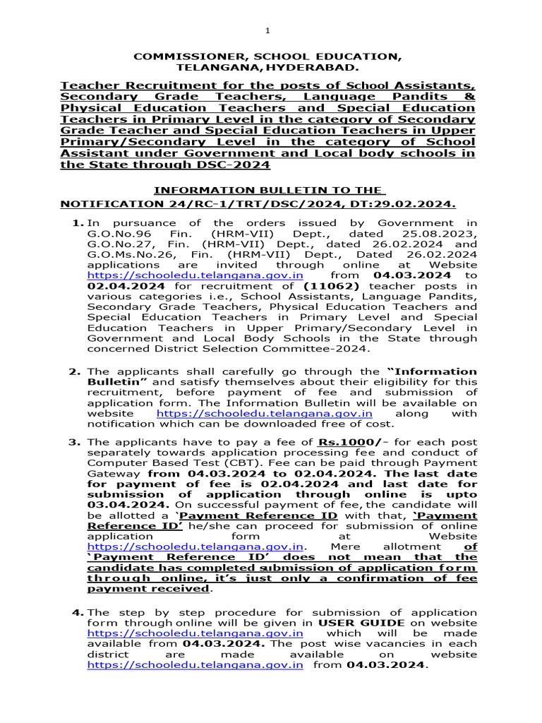 Telangana DSC 2024 Teacher Recruitment | PDF | Academic Degree | Educational Stages