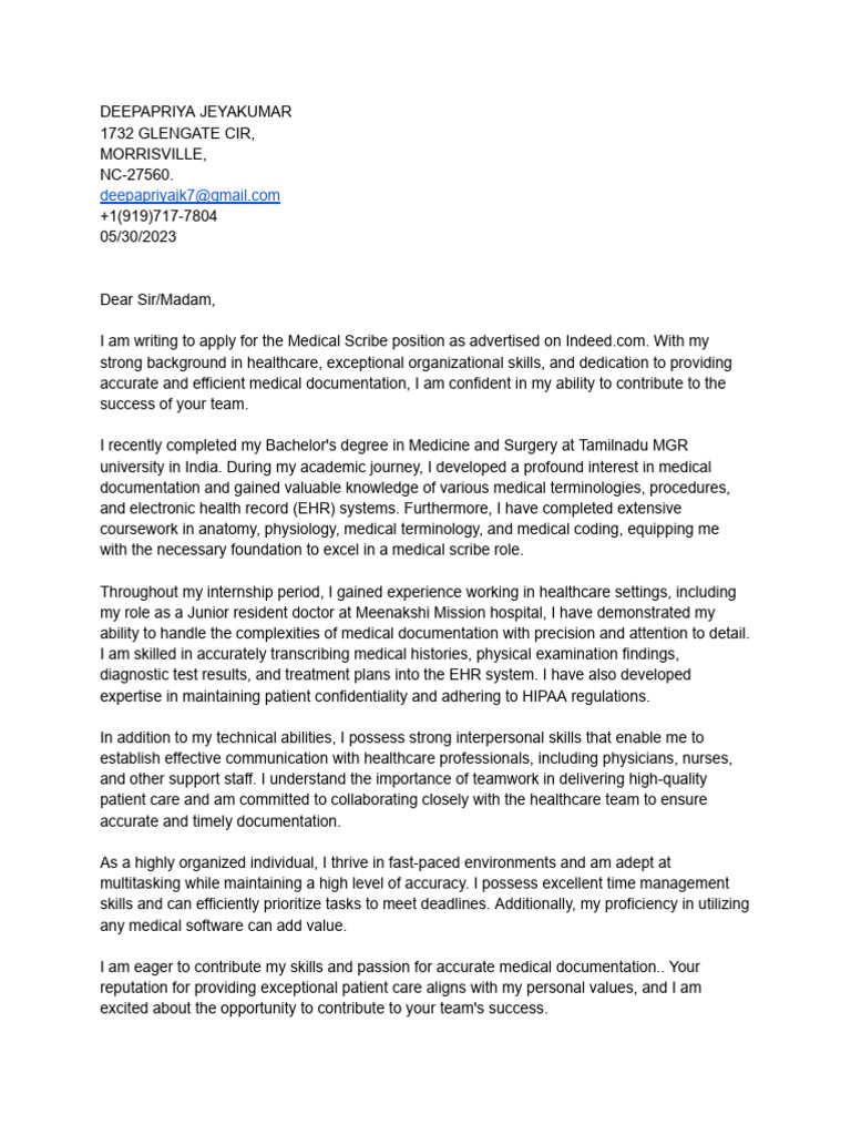 Medical Scribe Application Letter | PDF | Electronic Health Record ...