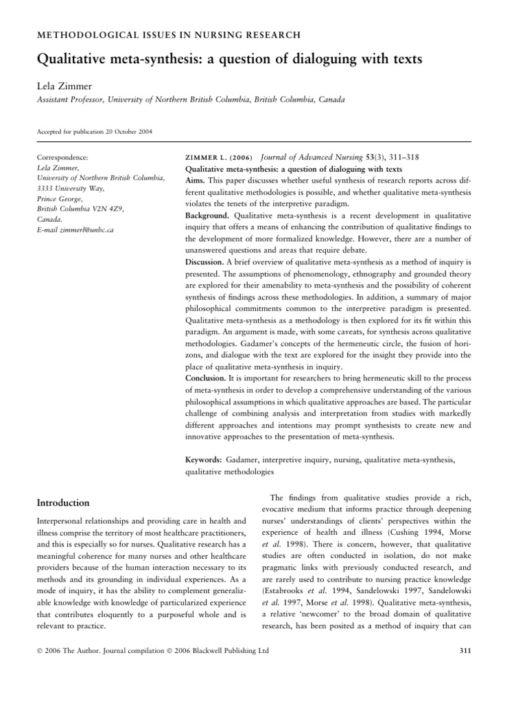 Journal of Advanced Nursing - 2006 - Zimmer - Qualitative Meta ...