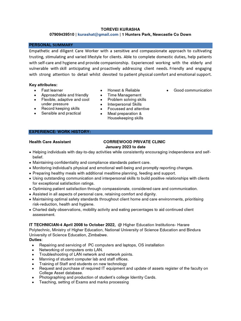 CV For Carer Worker | PDF | Caregiver | Health Care