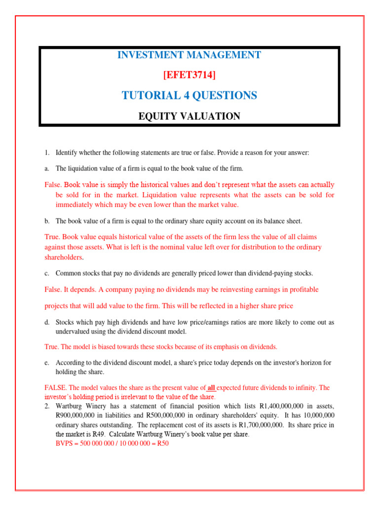 Tutorial 4 Qns + Sols | PDF | Dividend | Equity (Finance)
