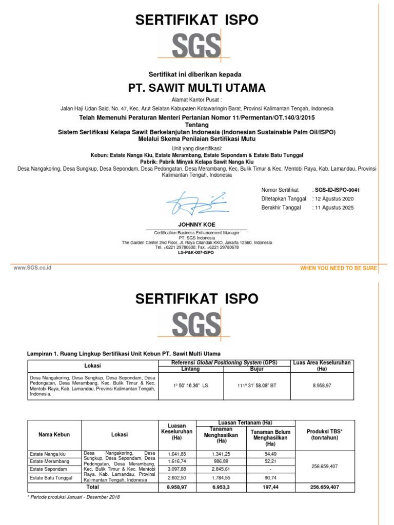 Sertifikat ISPO PT Sawit Multi Utama No. SGS ID ISPO 00411632716414 | PDF