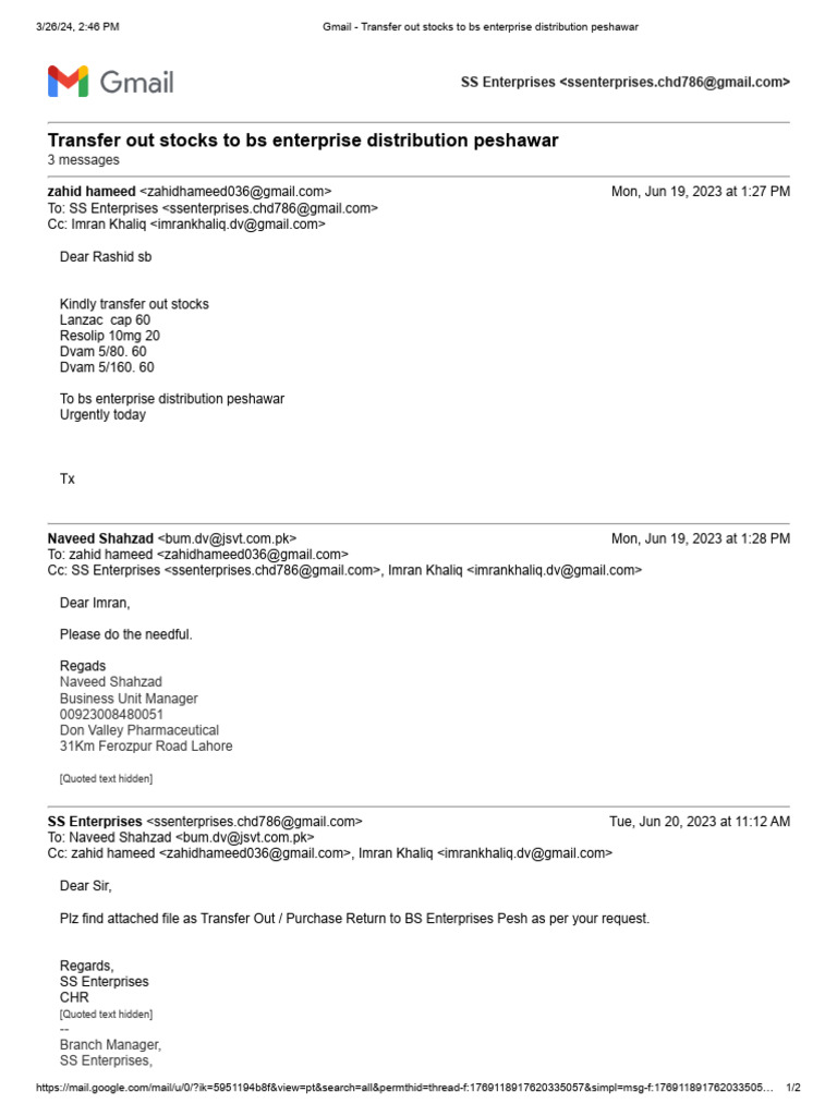 Gmail - Transfer Out Stocks To Bs Enterprise Distribution Peshawar | PDF