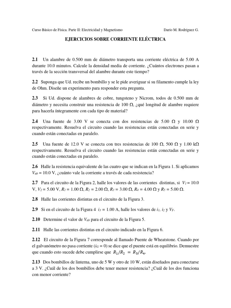 Ejercicios de Corriente Eléctrica | PDF | Resistencia Eléctrica y Conductancia | Red eléctrica