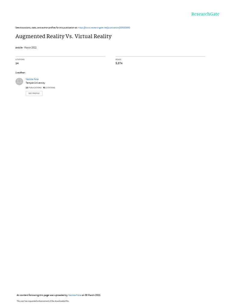 Augmented Reality vs. Virtual Reality | PDF | Augmented Reality | Virtual Reality