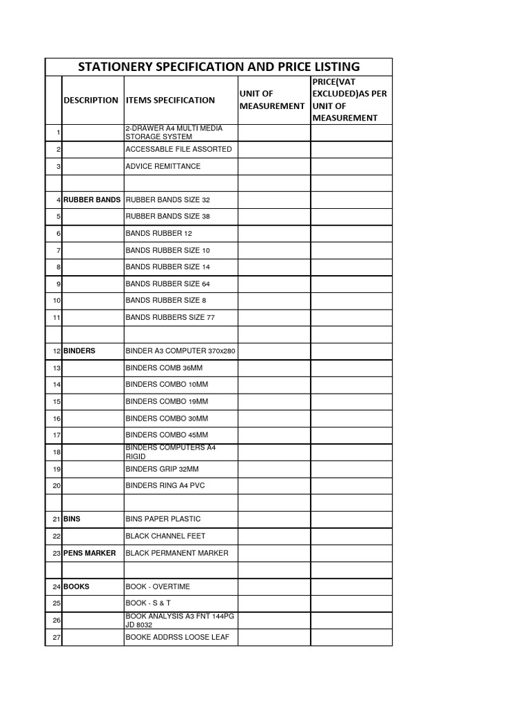 Office Supplies Specification List | PDF | Envelope | Office Equipment