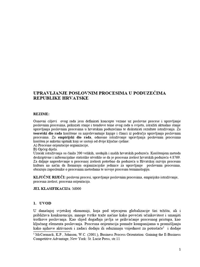 529970.upravljanje Poslovnim Procesima U Poduzeima Republike Hrvatske | PDF