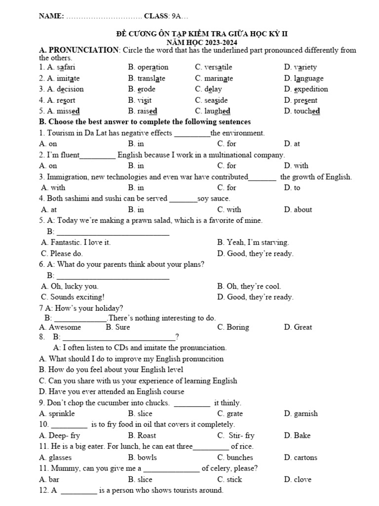 ĐỀ CƯƠNG GIỮA HKII KHỐI 9 (23-24) - Photo | PDF | Tourism | Recipe