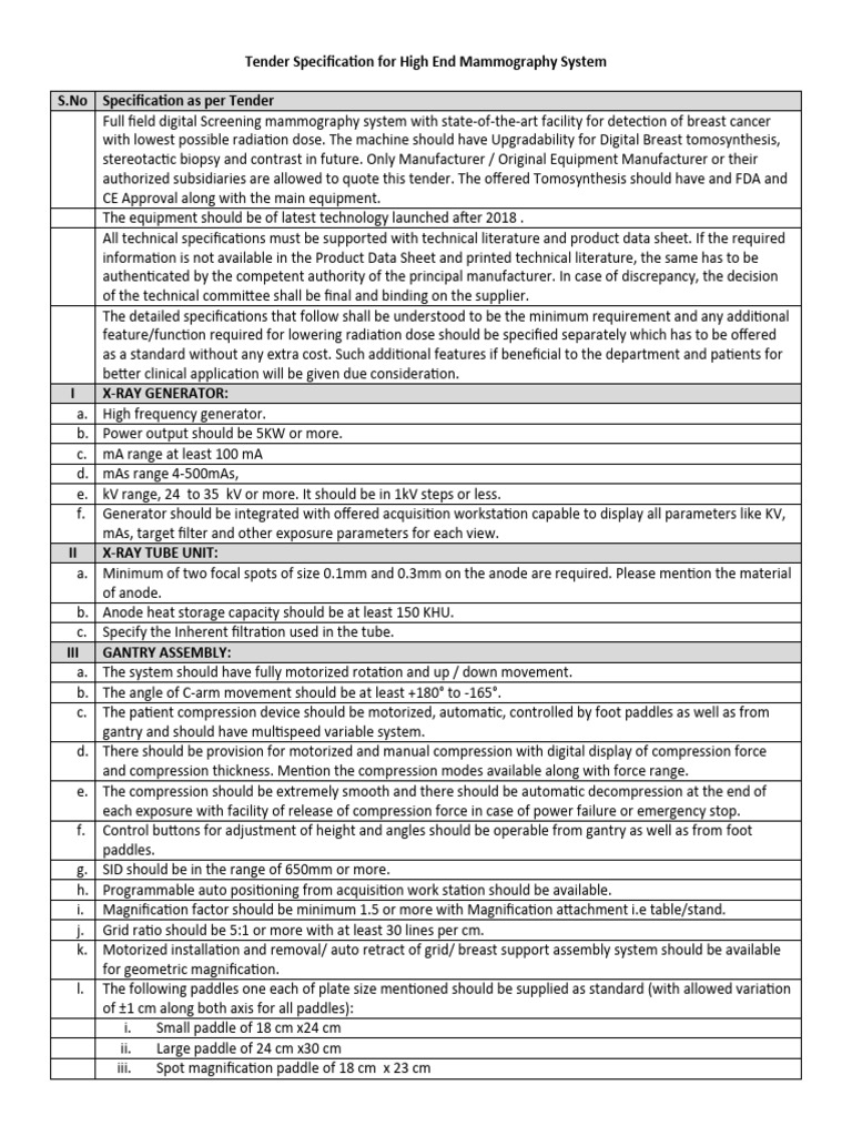 High End Mammography Specifications | PDF | Mammography | X Ray