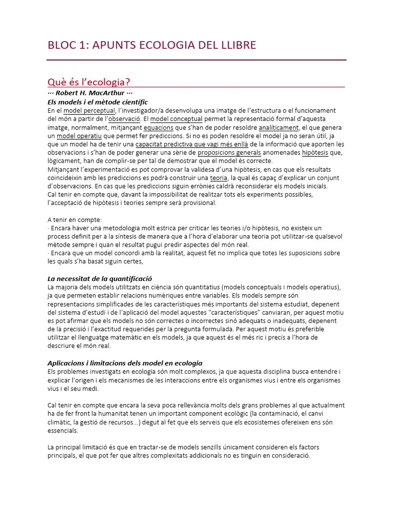 BLOC 1 ECOLOGIA APUNTS (Llibre) | PDF
