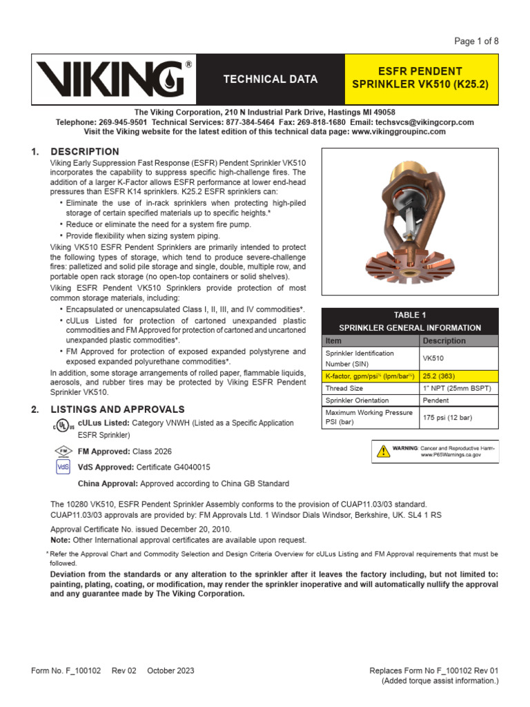 VK510 - ESFR Pendent Sprinkler (K25) | PDF | Fire Sprinkler System